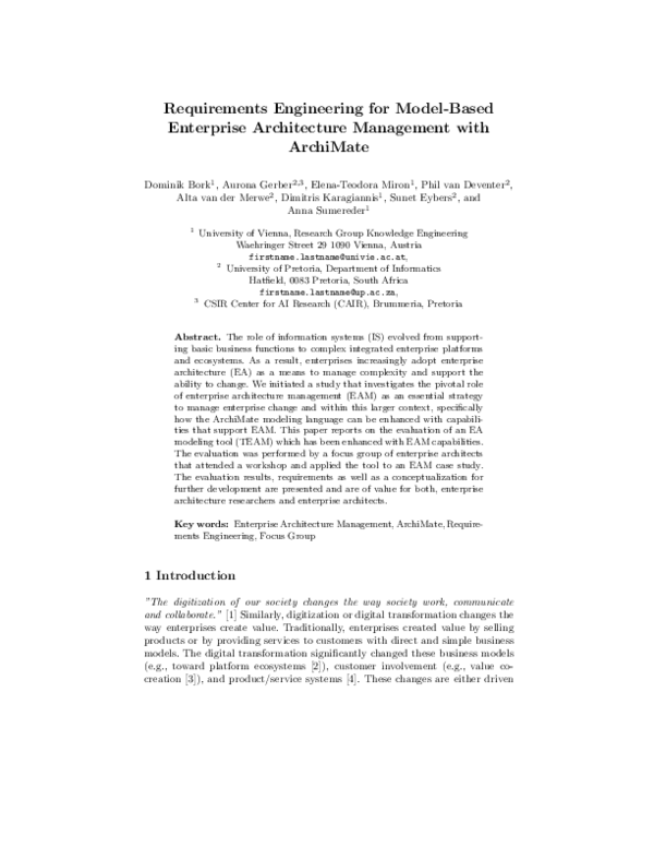(PDF) Requirements Engineering for Model-Based Enterprise Architecture Management with ArchiMate
