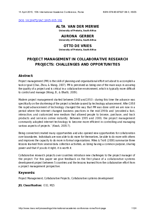 (PDF) Project Management in Collaborative Research Projects: Challenges ...
