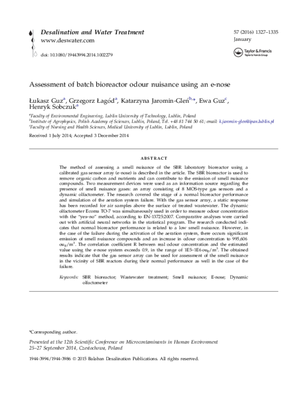 (PDF) Assessment of batch bioreactor odour nuisance using an e-nose
