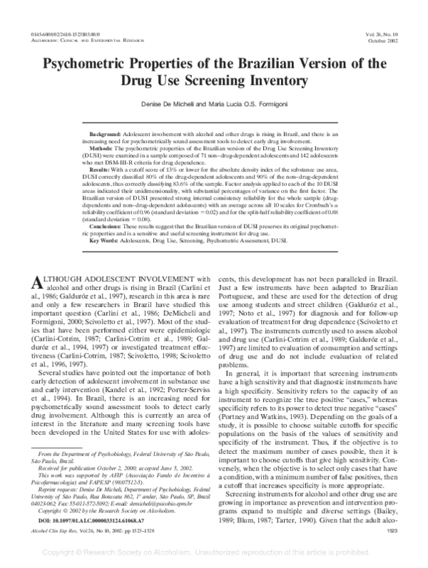 (PDF) Psychometric Properties of the Brazilian Version of the Drug Use Screening Inventory