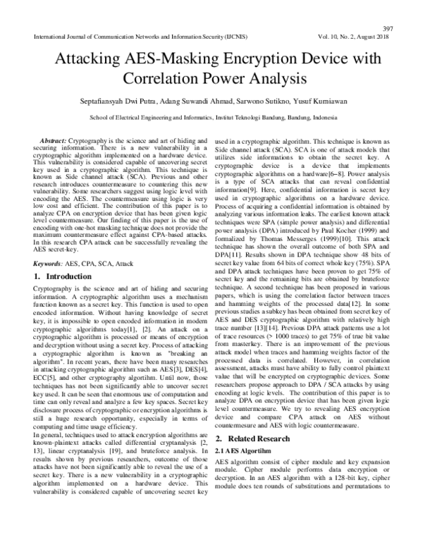 (PDF) Attacking AES-Masking Encryption Device with Correlation Power ...