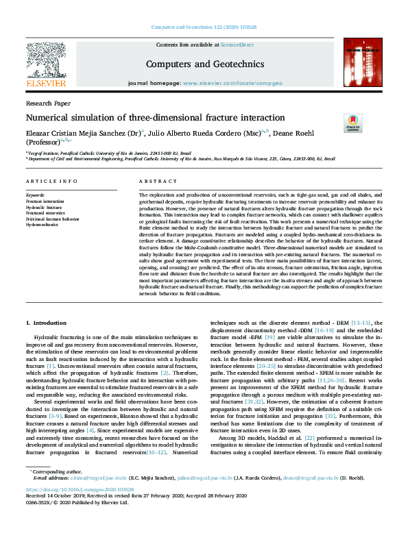 Pdf Numerical Simulation Of Three Dimensional Fracture Interaction