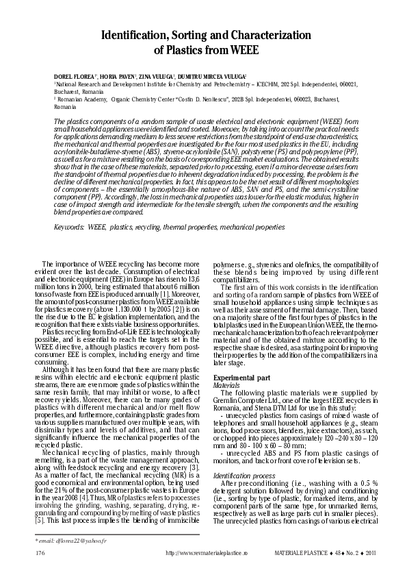 (PDF) Identification, sorting and characterization of plastics from WEEE