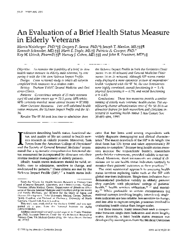 (PDF) An Evaluation of a Brief Health Status Measure in Elderly Veterans
