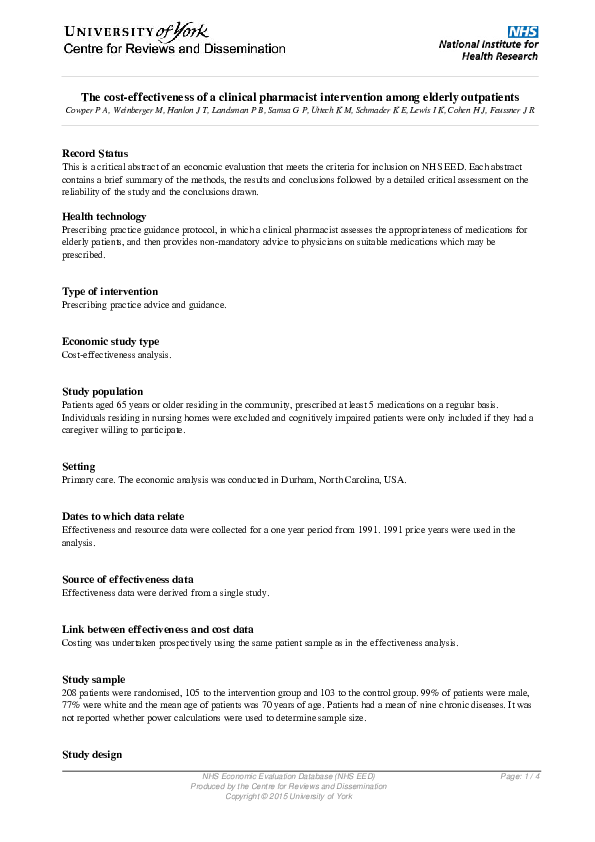 (PDF) The cost-effectiveness of a clinical pharmacist intervention ...