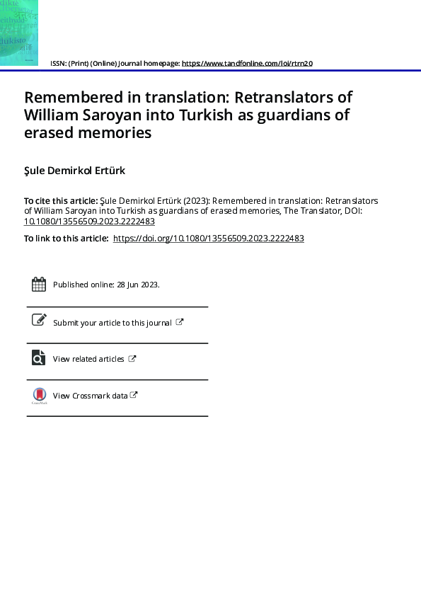(PDF) Remembered in translation: Retranslators of William Saroyan into ...