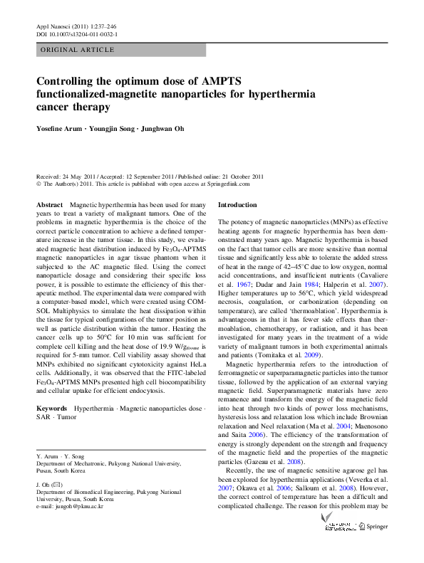 (PDF) Controlling the optimum dose of AMPTS functionalized-magnetite ...