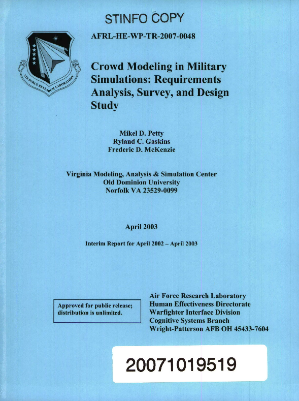 (PDF) Crowd Modeling in Military Simulations: Requirements Analysis, Survey, and Design Study