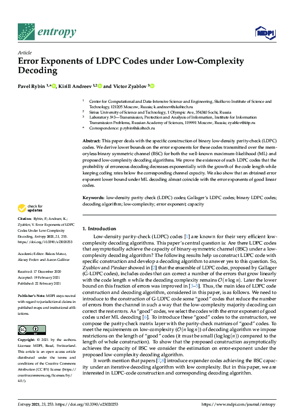 (PDF) Error Exponents of LDPC Codes under Low-Complexity Decoding