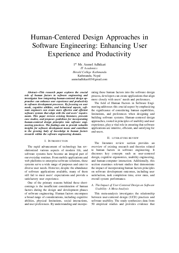 (PDF) Human-Centered Design Approaches in Software Engineering: Enhancing User Experience and ...