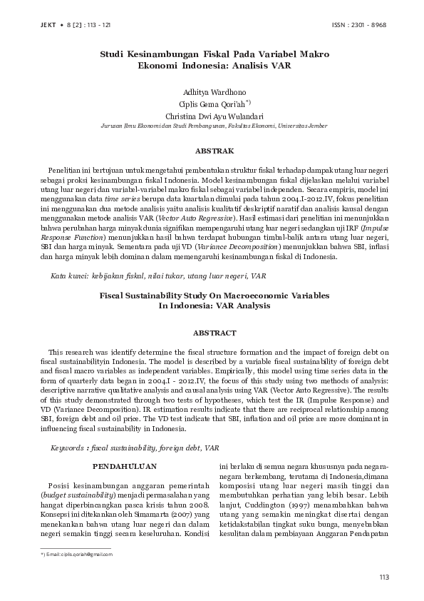(PDF) Studi Kesinambungan Fiskal Pada Variabel Makro Ekonomi Indonesia: Analisis VAR