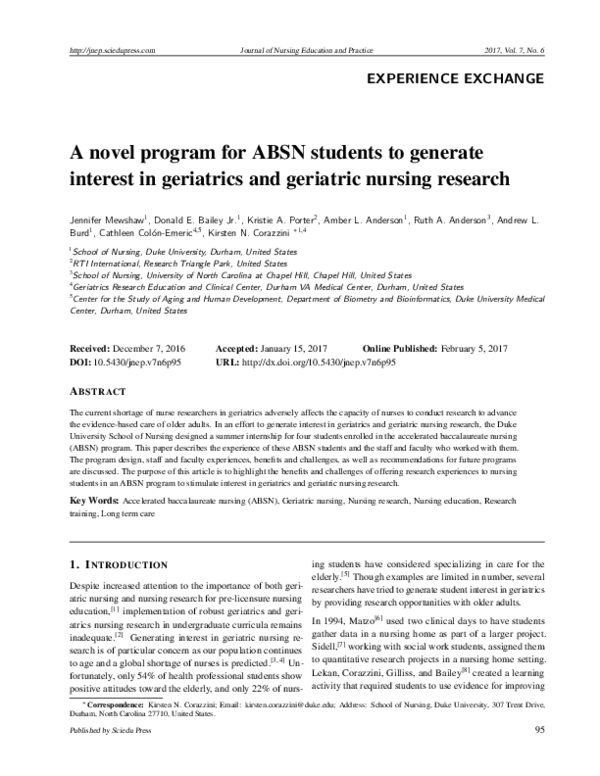 (PDF) A novel program for ABSN students to generate interest in geriatrics and geriatric nursing ...