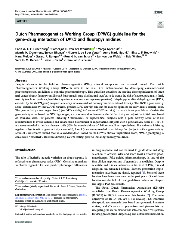 (PDF) Dutch Pharmacogenetics Working Group (DPWG) guideline for the ...