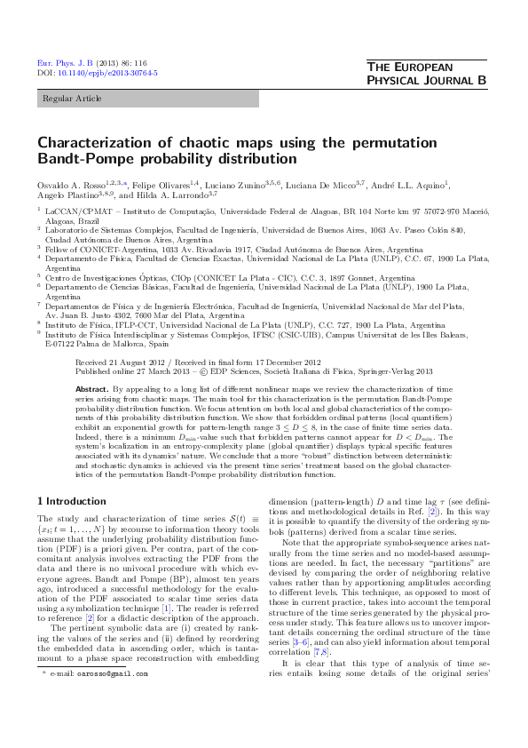 (PDF) Characterization of chaotic maps using the permutation Bandt-Pompe probability ...