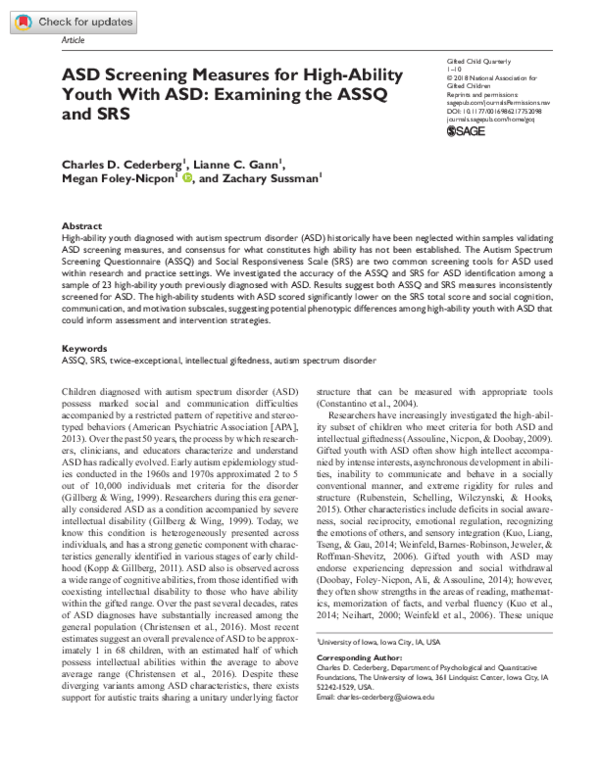 (PDF) ASD Screening Measures for High-Ability Youth With ASD: Examining ...