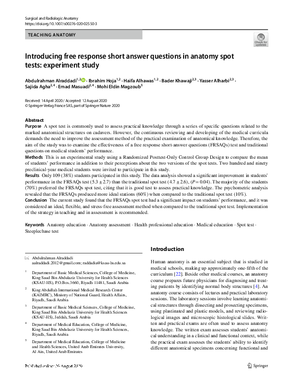 (PDF) Introducing free response short answer questions in anatomy spot ...