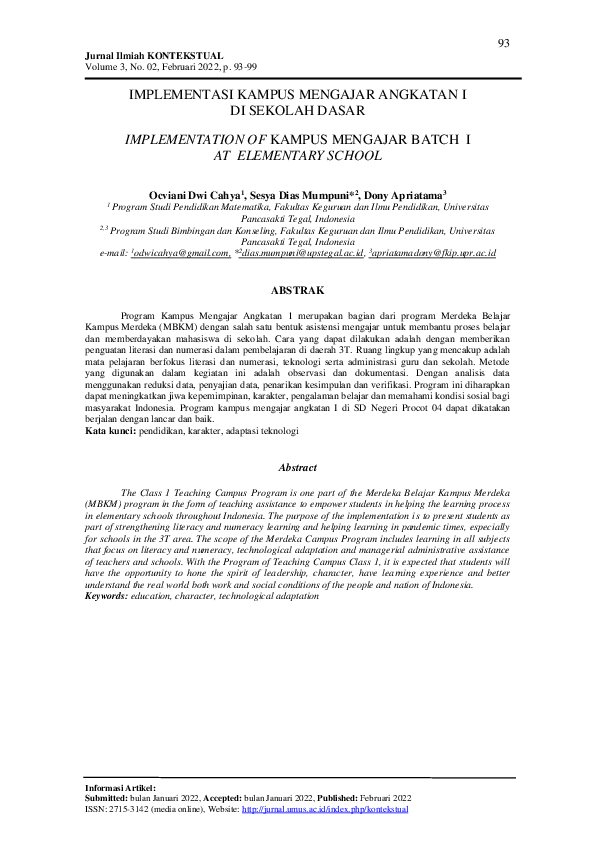 (PDF) Implementasi Kampus Mengajar Angkatan I di Sekolah Dasar | Octavia Cahya - Academia.edu