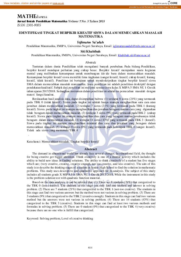 (PDF) Identifikasi Tingkat Berpikir Kreatif Siswa Sma Dalam Memecahkan Masalah Matematika