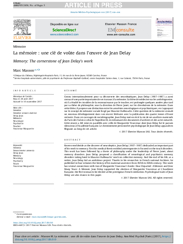 (PDF) La mémoire : une clé de voûte dans l’œuvre de Jean Delay