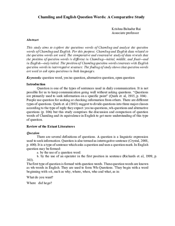 (PDF) Chamling and English Question Words: A Comparative Study