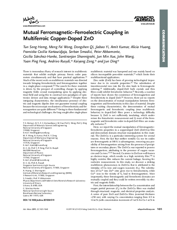 (PDF) Mutual Ferromagnetic-Ferroelectric Coupling in Multiferroic ...