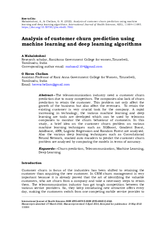Pdf Analysis Of Customer Churn Prediction Using Machine Learning And Deep Learning Algorithms 