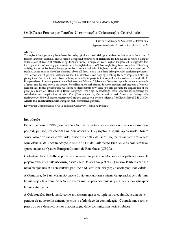 (PDF) Os 3C’s no Ensino por Tarefas: Comunicação; Colaboração; Criatividade