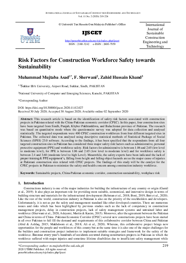 (PDF) Risk Factorsfor Construction Workforce Safety towardsSustainability