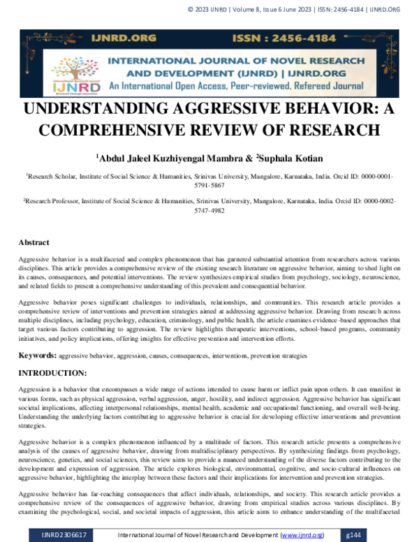 (PDF) UNDERSTANDING AGGRESSIVE BEHAVIOR: A COMPREHENSIVE REVIEW OF RESEARCH