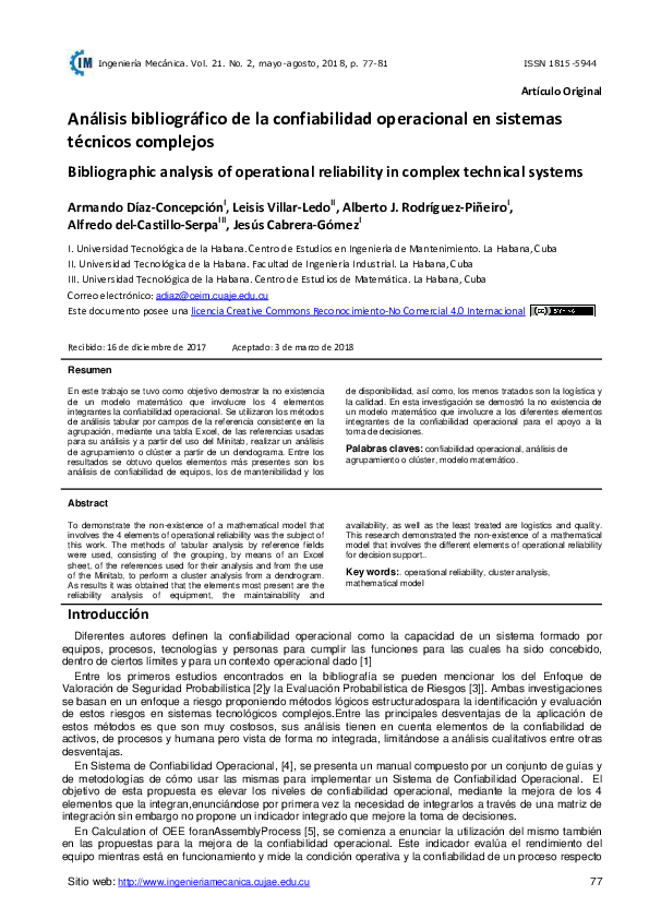 (PDF) Análisis bibliográfico de la confiabilidad operacional en sistemas técnicos complejos ...