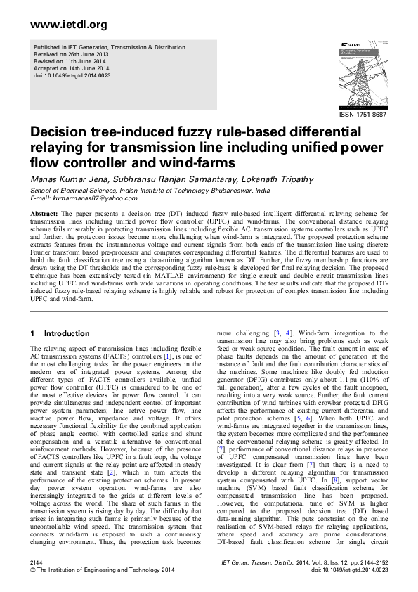 (PDF) Decision tree‐induced fuzzy rule‐based differential relaying for transmission line ...