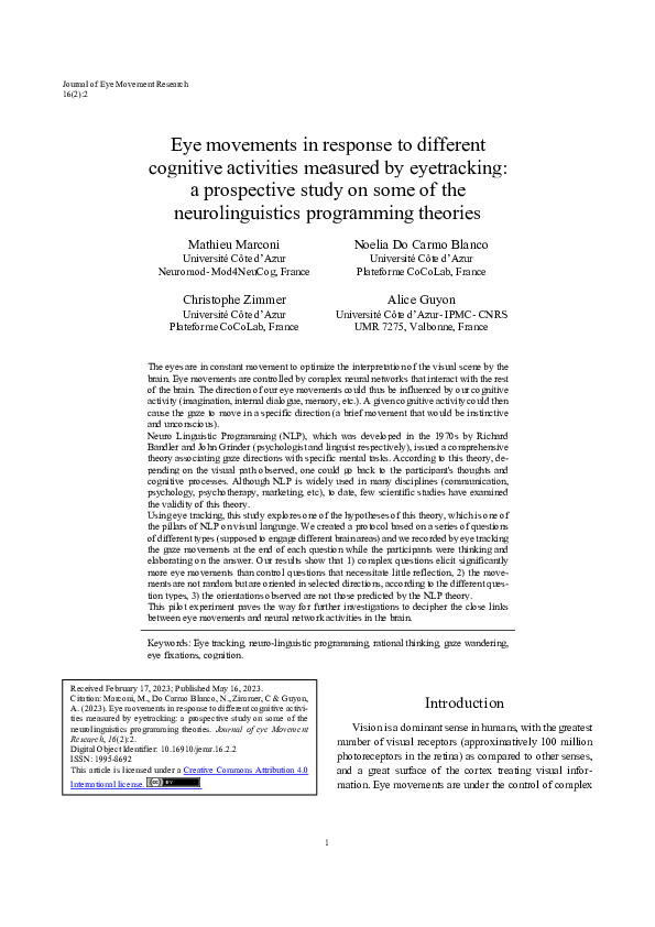 (PDF) Eye movements in response to different cognitive activities ...