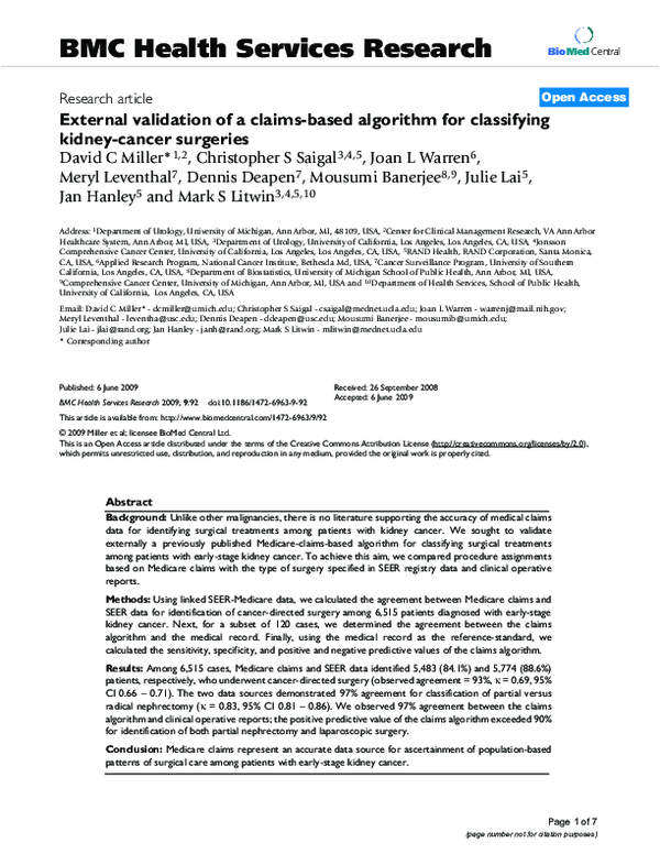 (PDF) External validation of a claims-based algorithm for classifying kidney-cancer surgeries