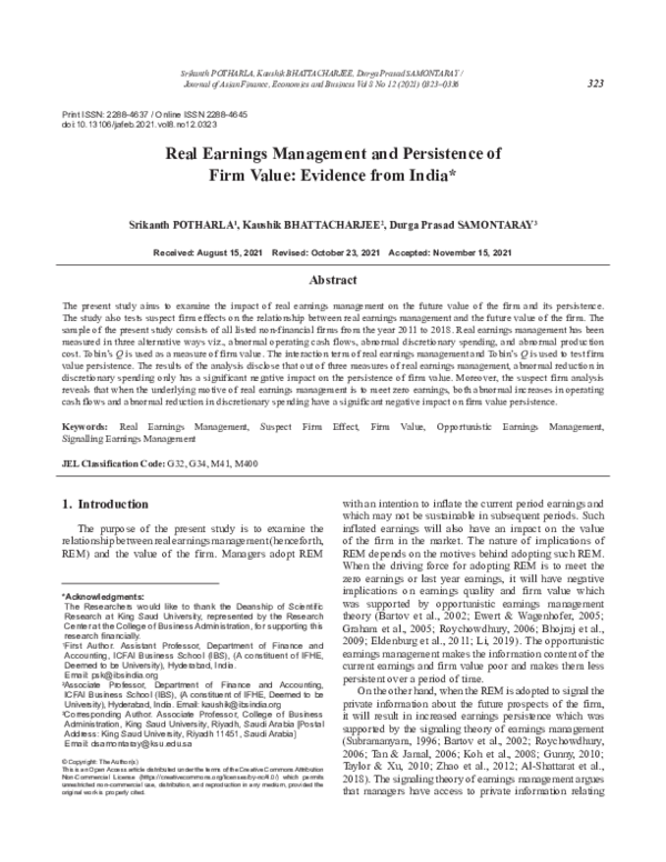 (PDF) Real Earnings Management and Persistence of Firm Value: Evidence from India*