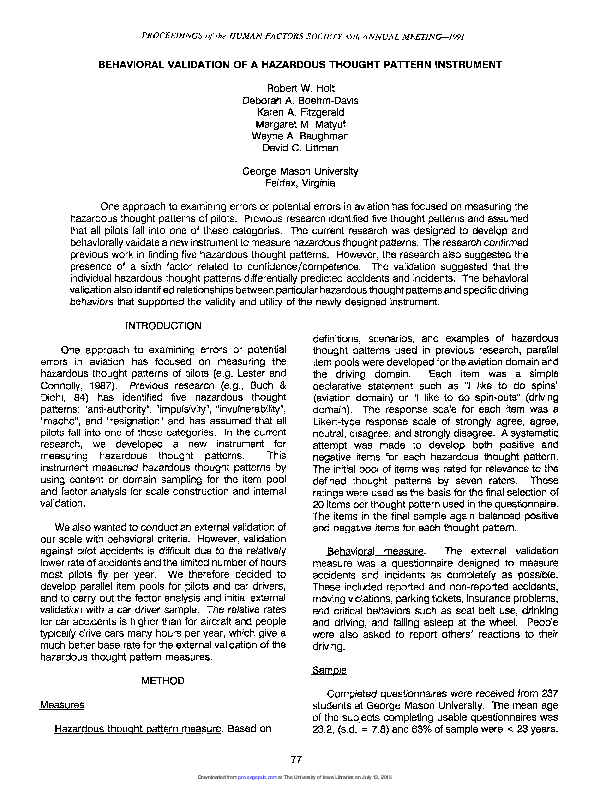 (PDF) Behavioral Validation of a Hazardous Thought Pattern Instrument