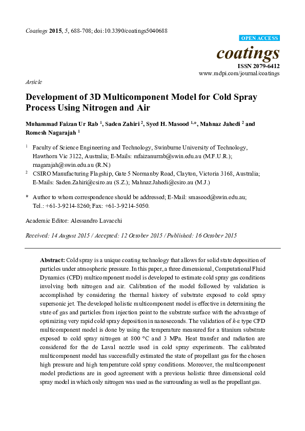 (PDF) Article Development of 3D Multicomponent Model for Cold Spray Process Using Nitrogen and Air