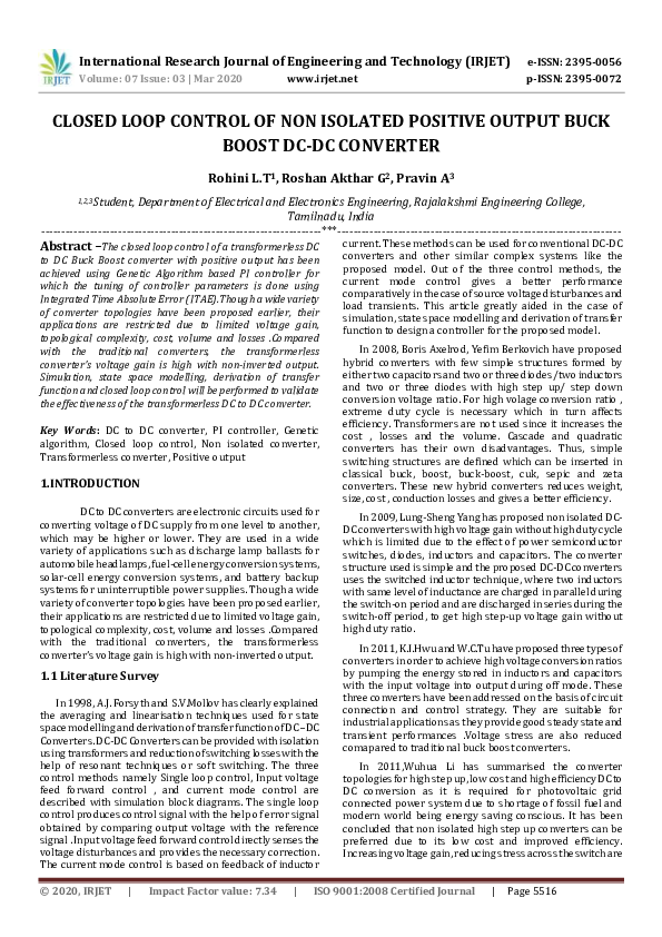 (PDF) Closed Loop Control of Non Isolated Positive Output Buck Boost DC-DC Converter