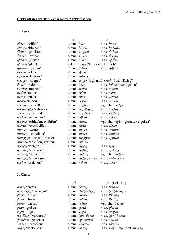 (PDF) Plattdeutsche starke Verben, Herkunft (Origin of the Modern Low ...