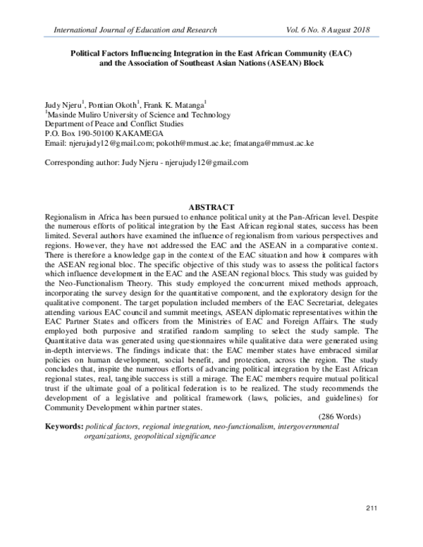 (PDF) Political Factors Influencing Integration in the East African Community ( EAC ) and the ...