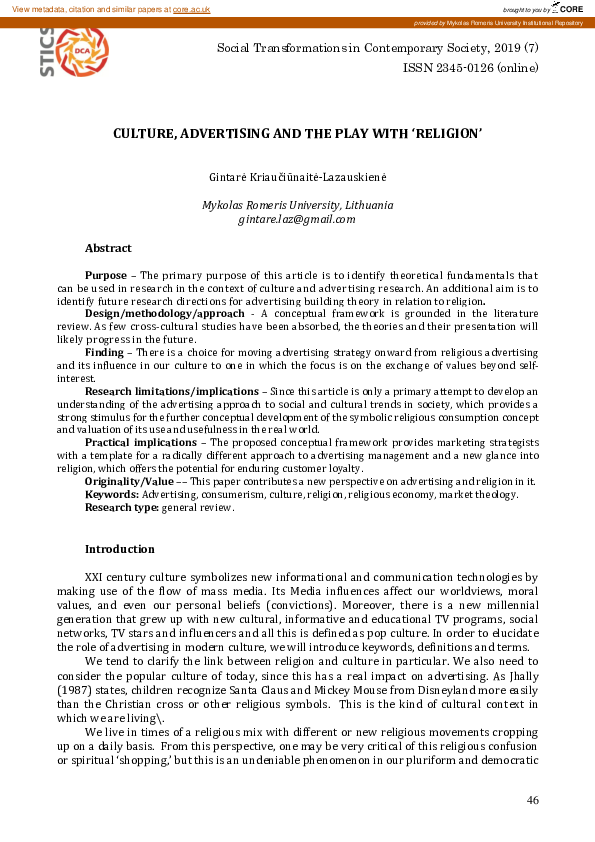 (PDF) Culture, Advertising and the Play with ‘Religion’