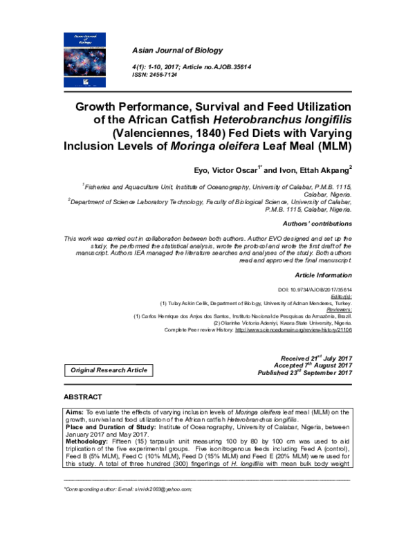 (PDF) Growth Performance, Survival and Feed Utilization of the African ...