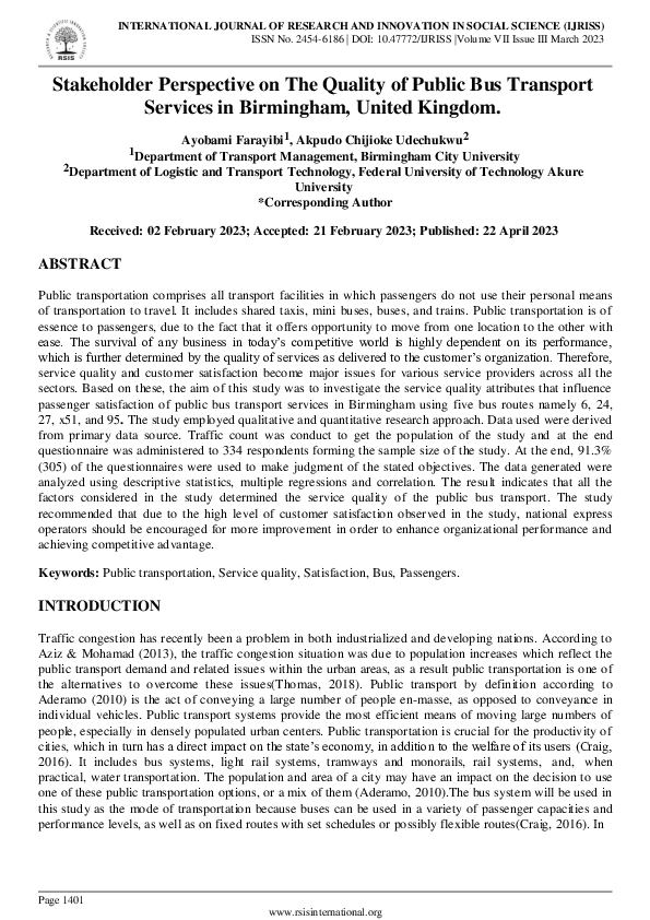 (PDF) Stakeholder Perspective on The Quality of Public Bus Transport ...