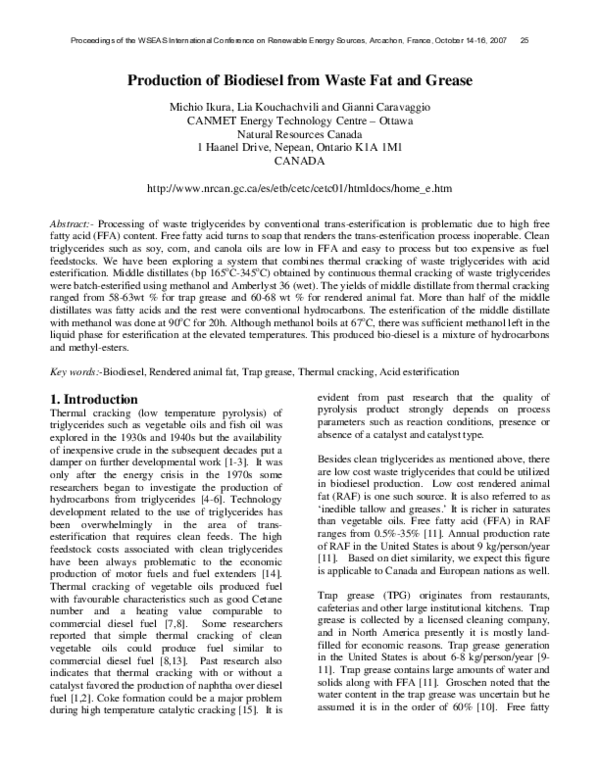 (PDF) Production of Biodiesel from Waste Fat and Grease