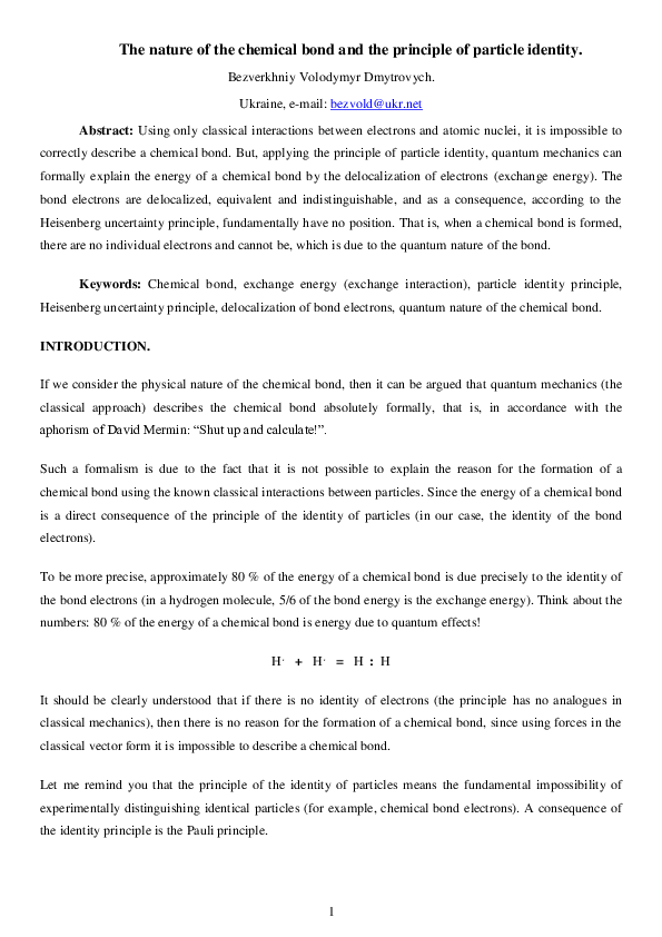 (PDF) The Nature of the Chemical Bond and the Principle of Particle ...