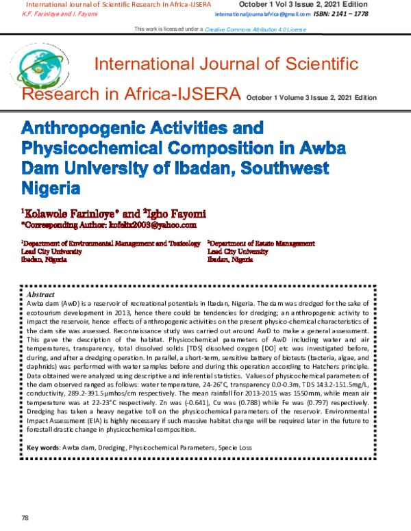 (PDF) Anthropogenic Activities and Physicochemical Composition in Awba ...