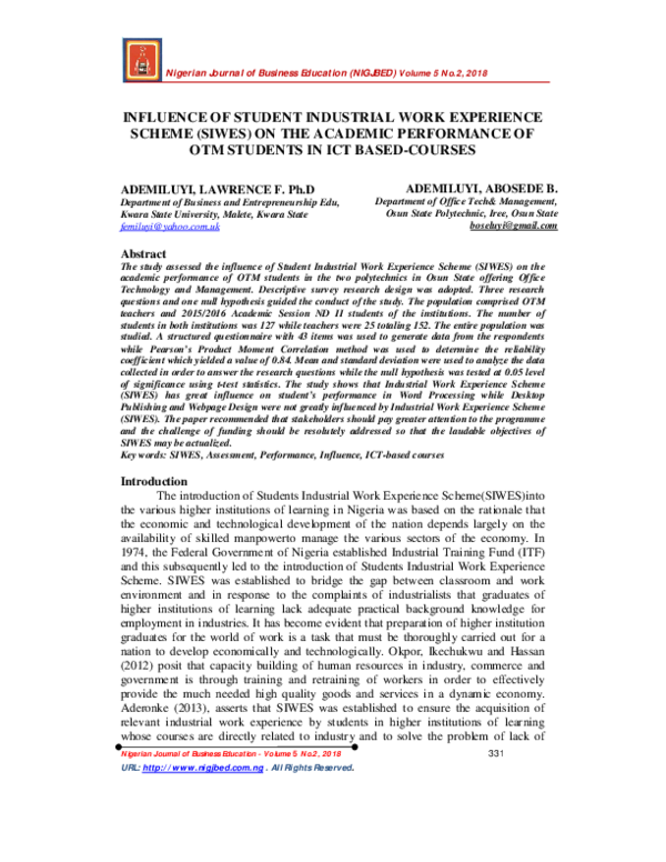 (PDF) Influence of Student Industrial Work Experience Scheme (Siwes) on ...