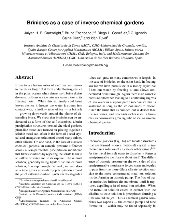 (PDF) Brinicles as a Case of Inverse Chemical Gardens