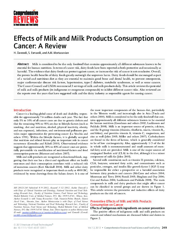 (PDF) Effects of Milk and Milk Products Consumption on Cancer: A Review