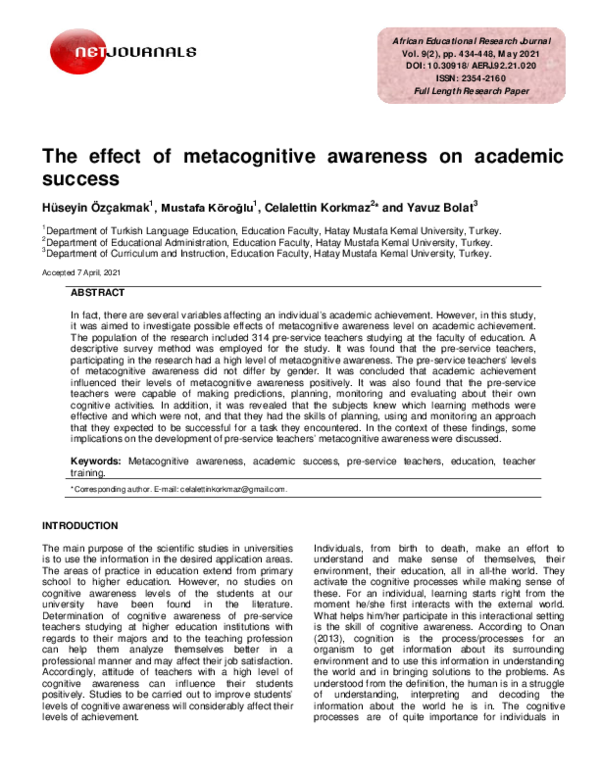 Pdf The Effect Of Metacognitive Awareness On Academic Success