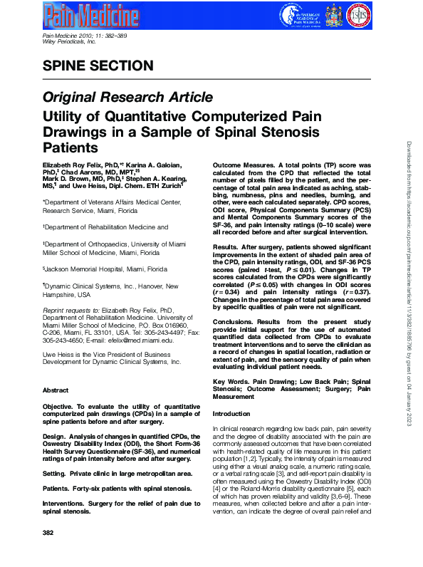 (PDF) Utility of Quantitative Computerized Pain Drawings in a Sample of ...